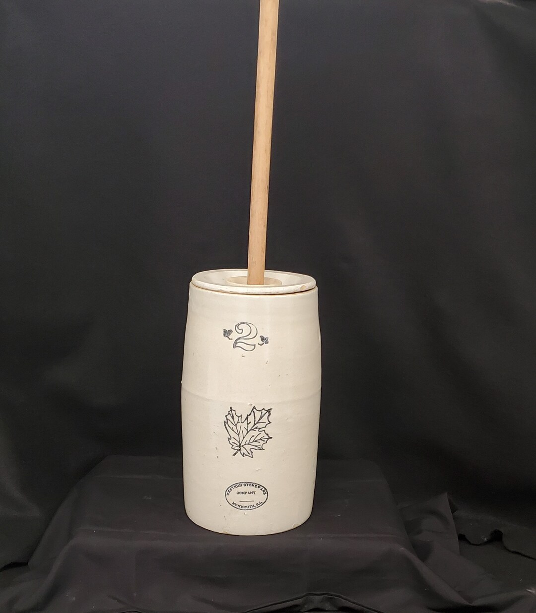 Vintage 2 Maple Leaf Western Stoneware Butter Churn With Lid and Wood ...