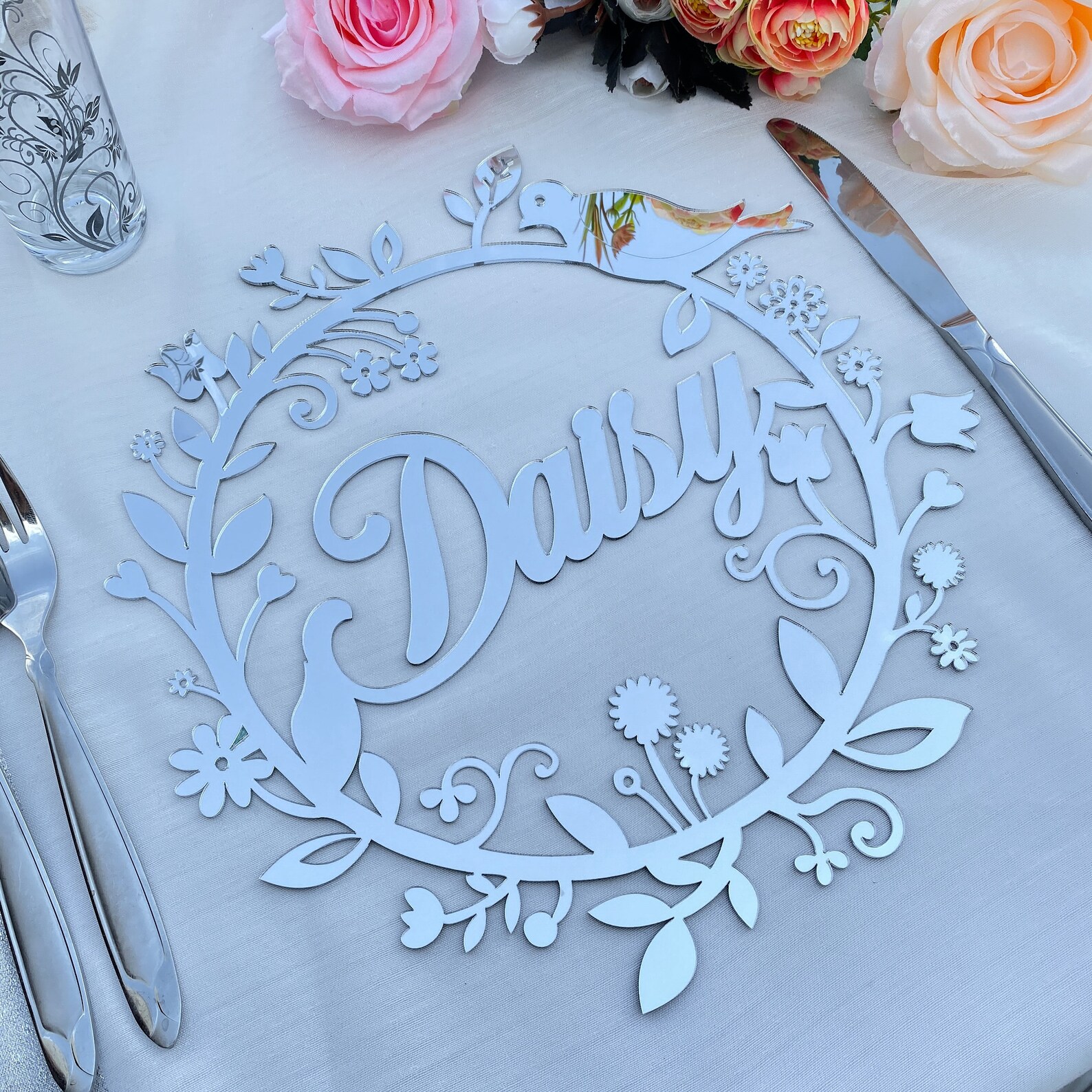Silver Personalized Charger Plate, Flowers Table Decor, Baby Shower ...