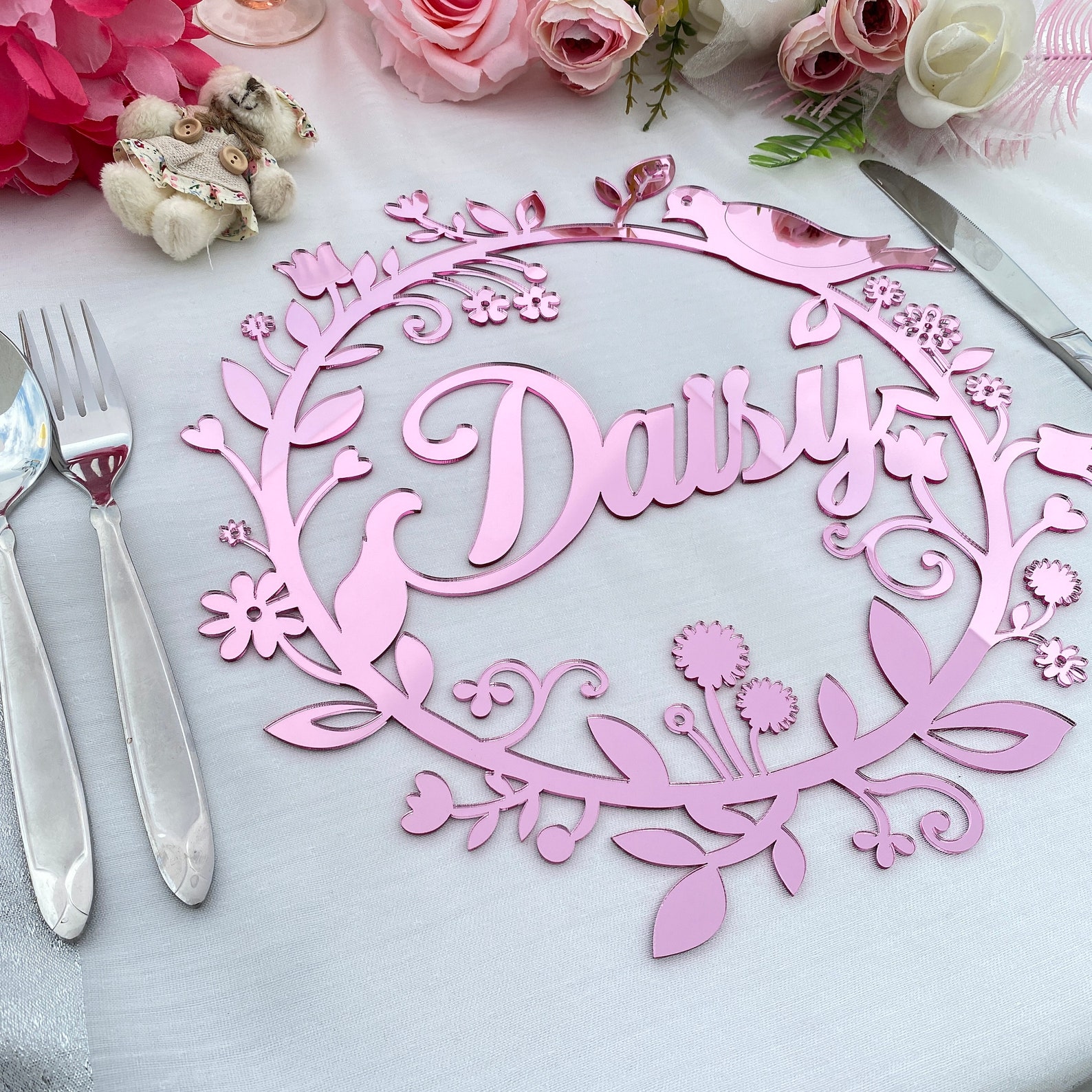 Silver Personalized Charger Plate, Flowers Table Decor, Baby Shower ...