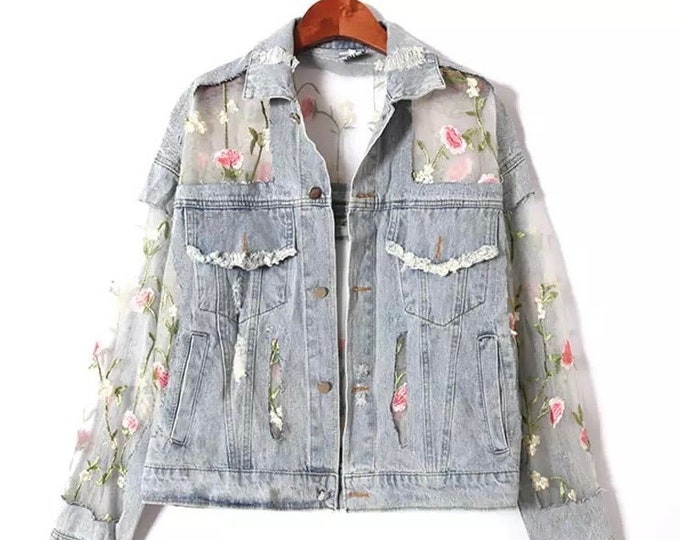 Boho Jacket Boho Lace Jacket Vintage Jacket Lace Denim Jacket Hippie Jacket Jewel Jacket