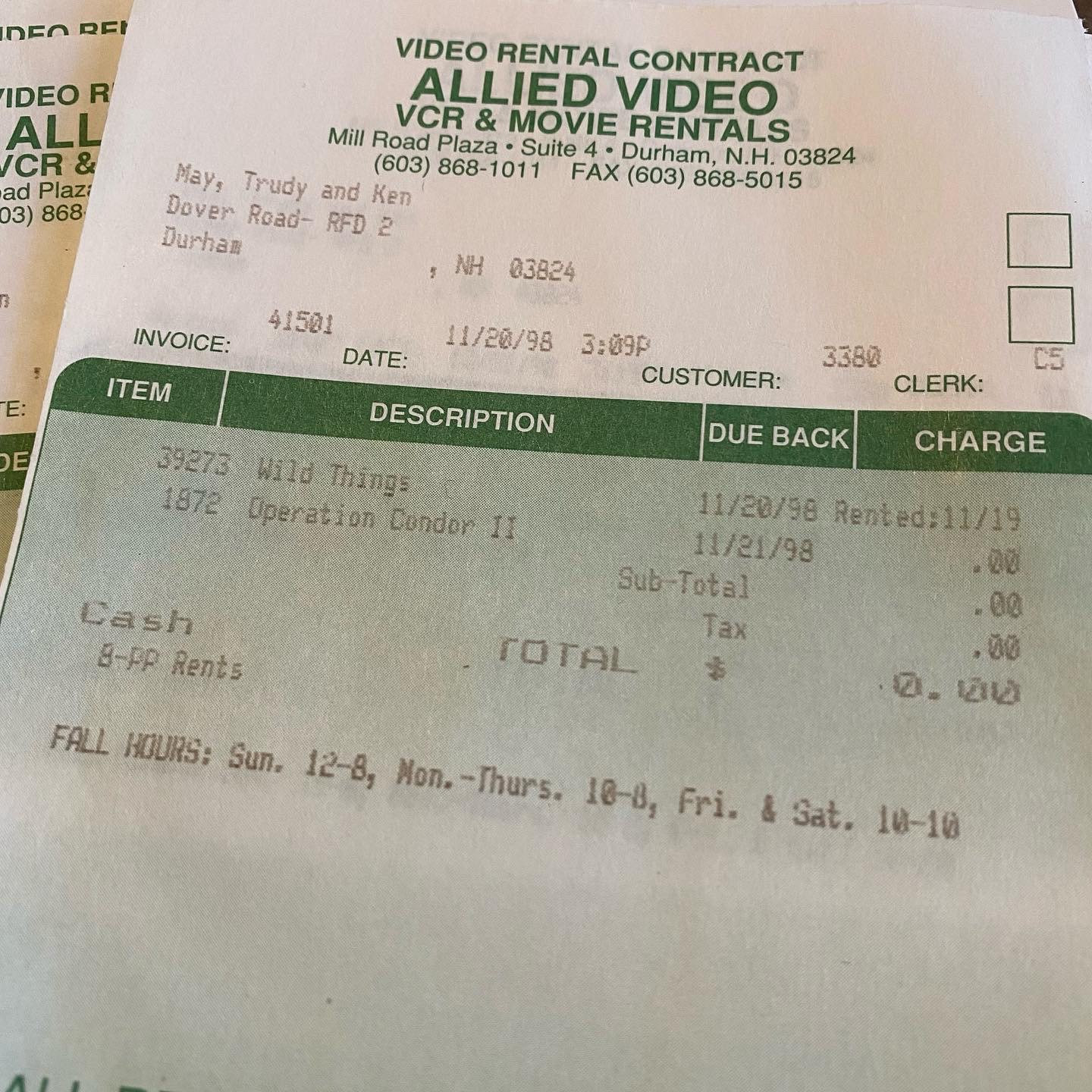 Vintage 1990s VCR VHS Video Movie Rental Paper Receipts - Etsy Hong Kong