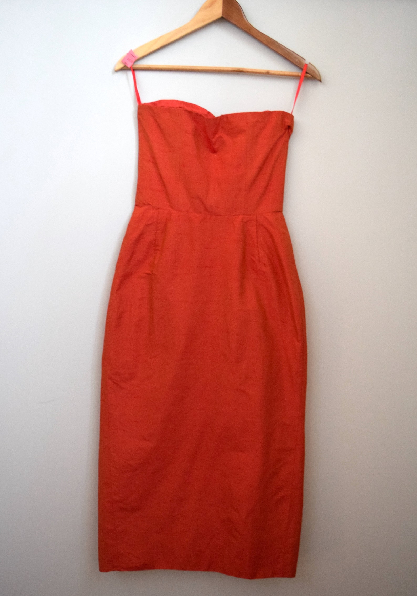 Raw Silk Red Evening Dress. 33 Chest. Strapless, Midi. Orange-red ...