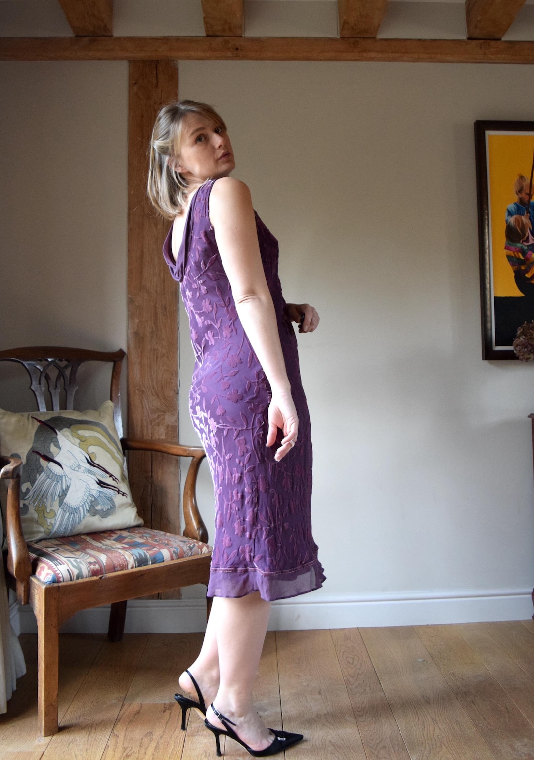 90s Laura Ashley Silk Devore Dress, Bias Cut. UK 12. Purple, Midi, Cowl Back. - Etsy