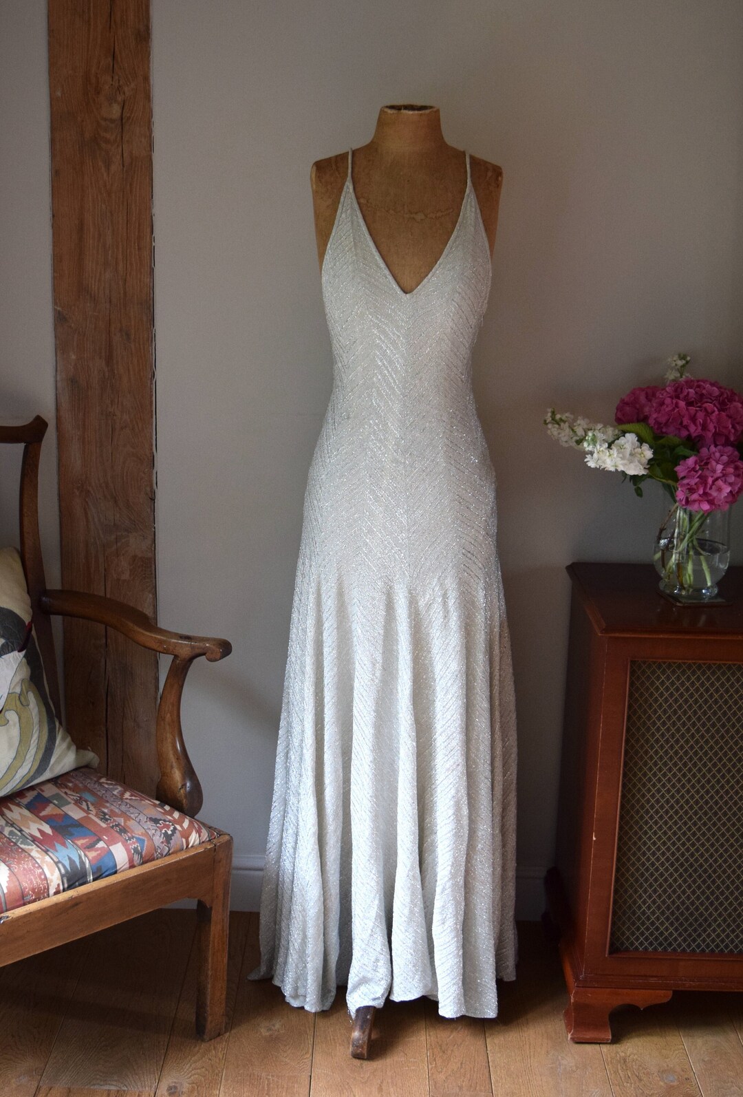 70s Silver Maxi Dress. 26" Chest. Bias Cut, Low Back. - Etsy