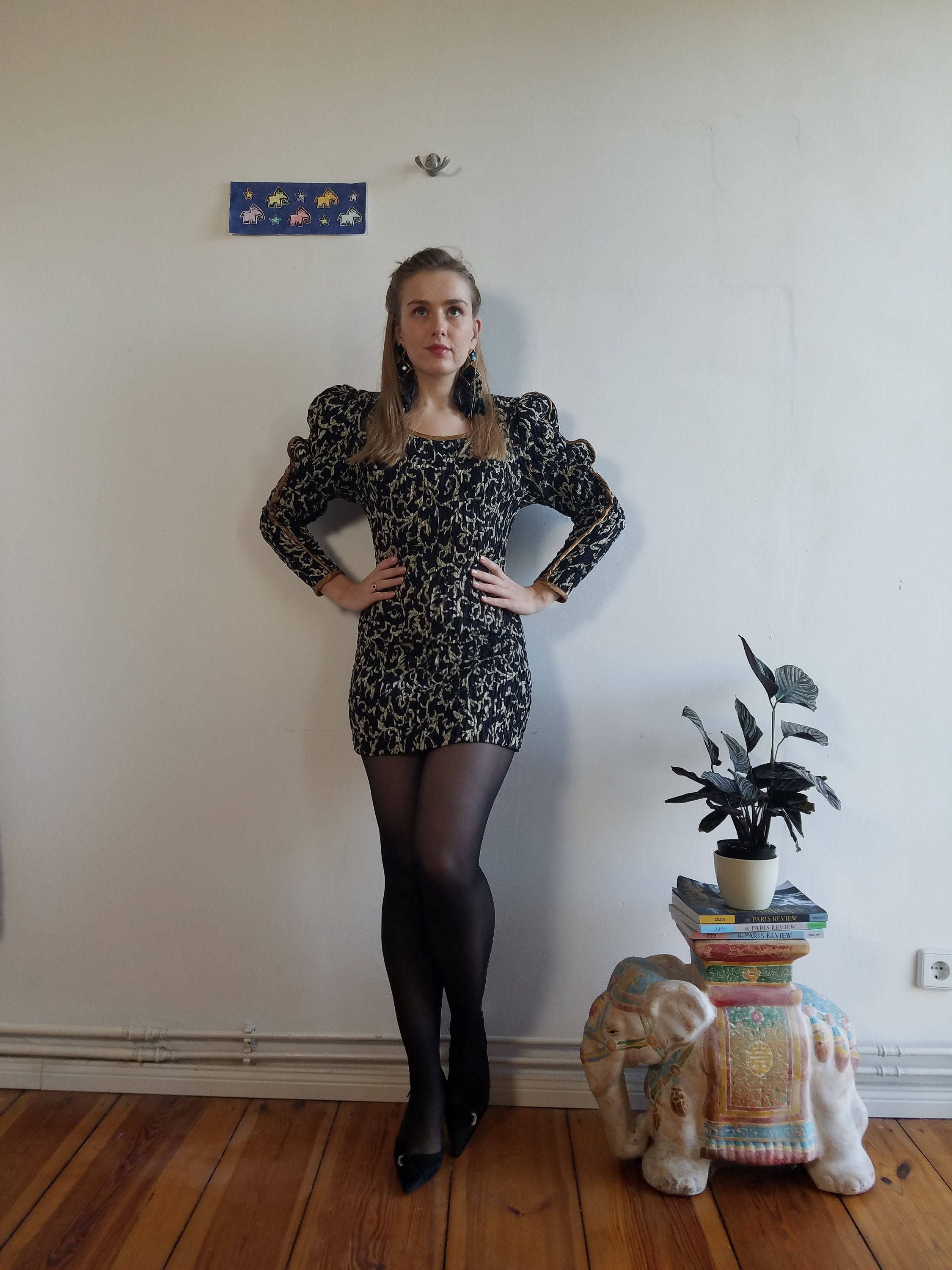 Vintage Jeanne Marc 80s Mini Dress. Small / XS. Black and Gold, Quilted ...