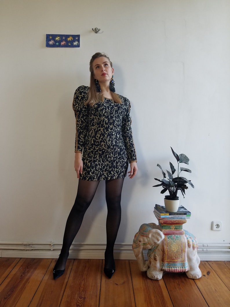 Vintage Jeanne Marc 80s Mini Dress. Small / XS. Black and Gold, Quilted ...
