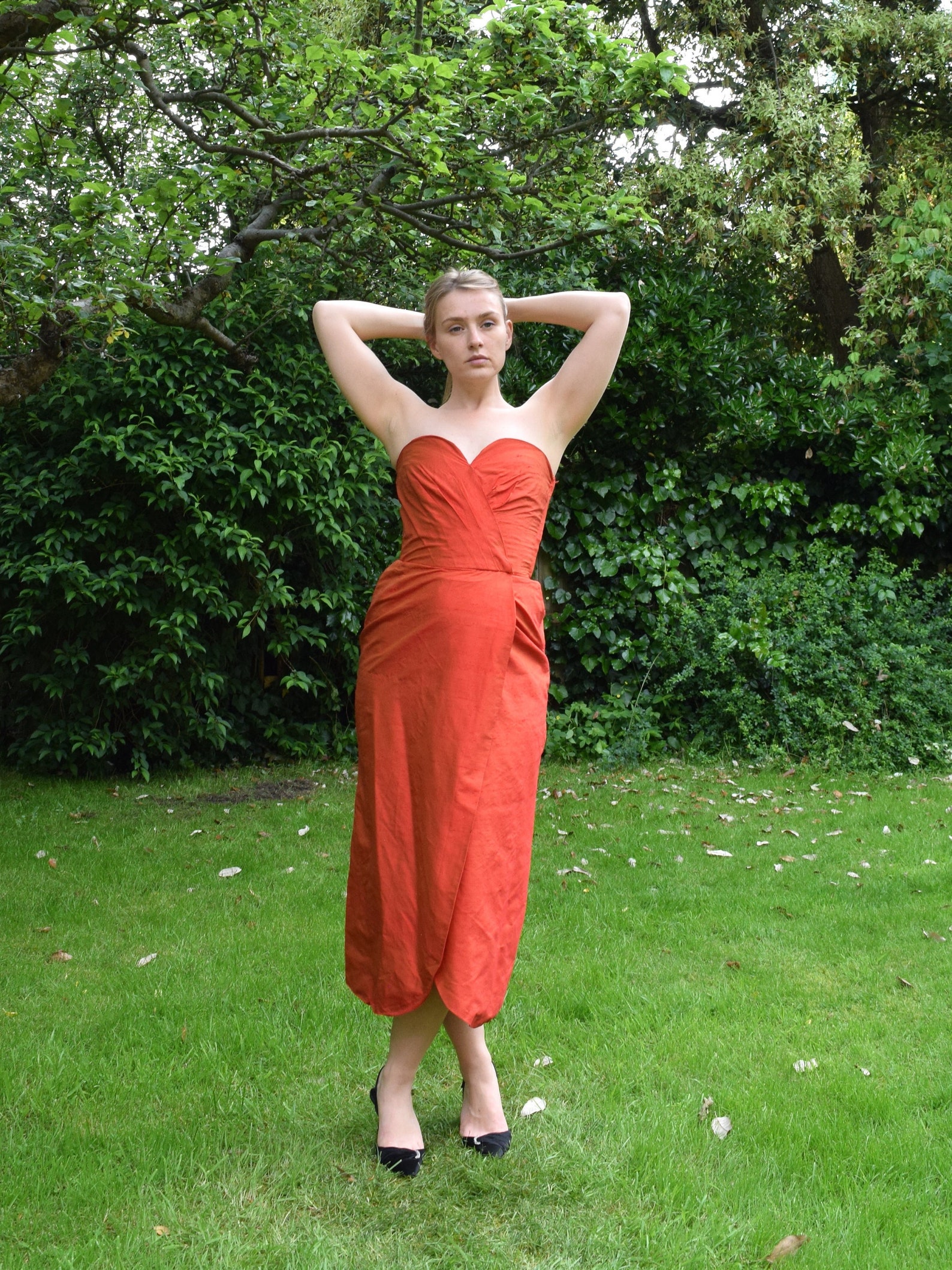 Raw Silk Red Evening Dress. 33 Chest. Strapless, Midi. Orange-red ...