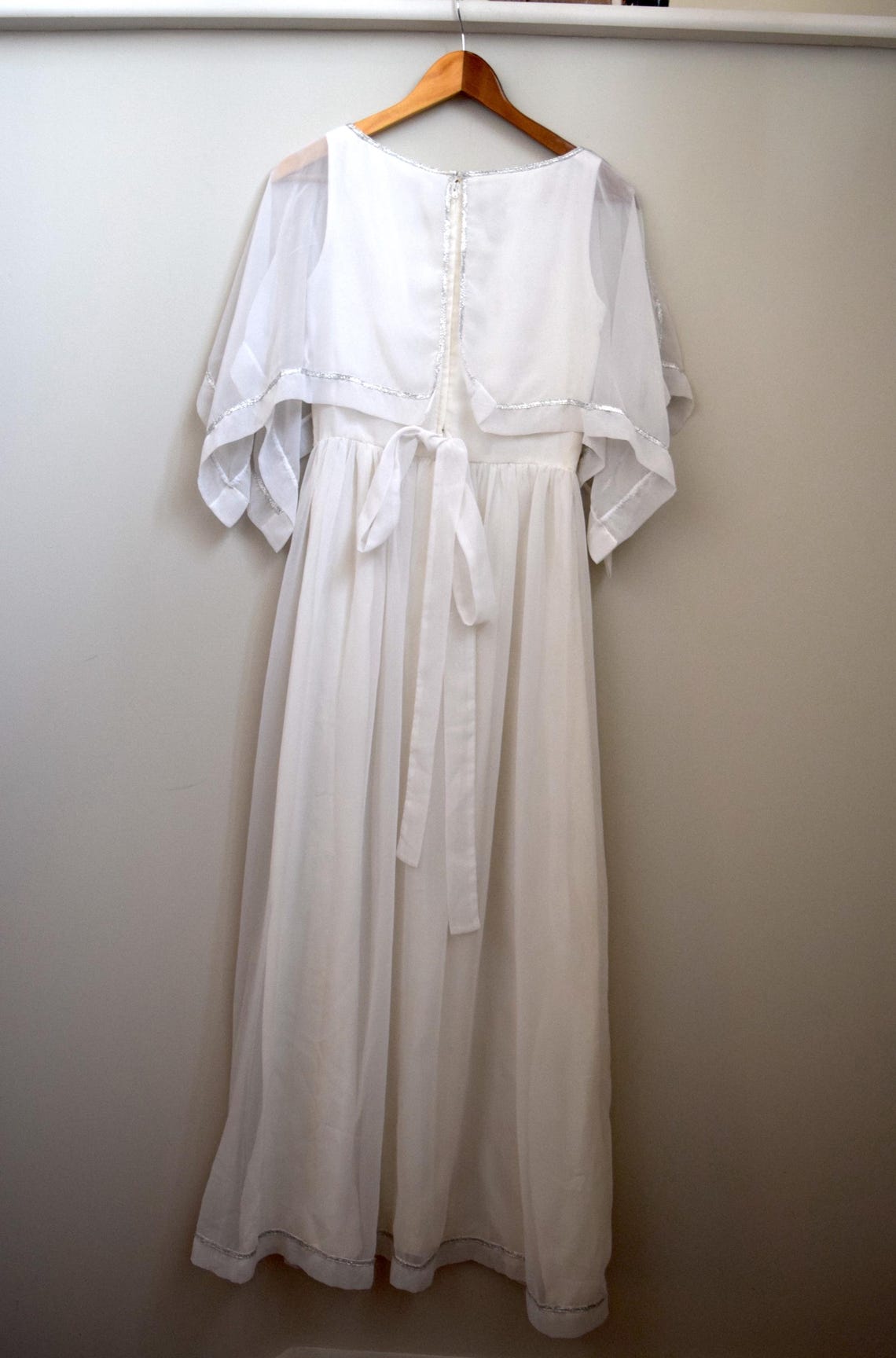 70s Jean Varon White Cape Dress. 27" Waist. Maxi, Silver Embroidery ...