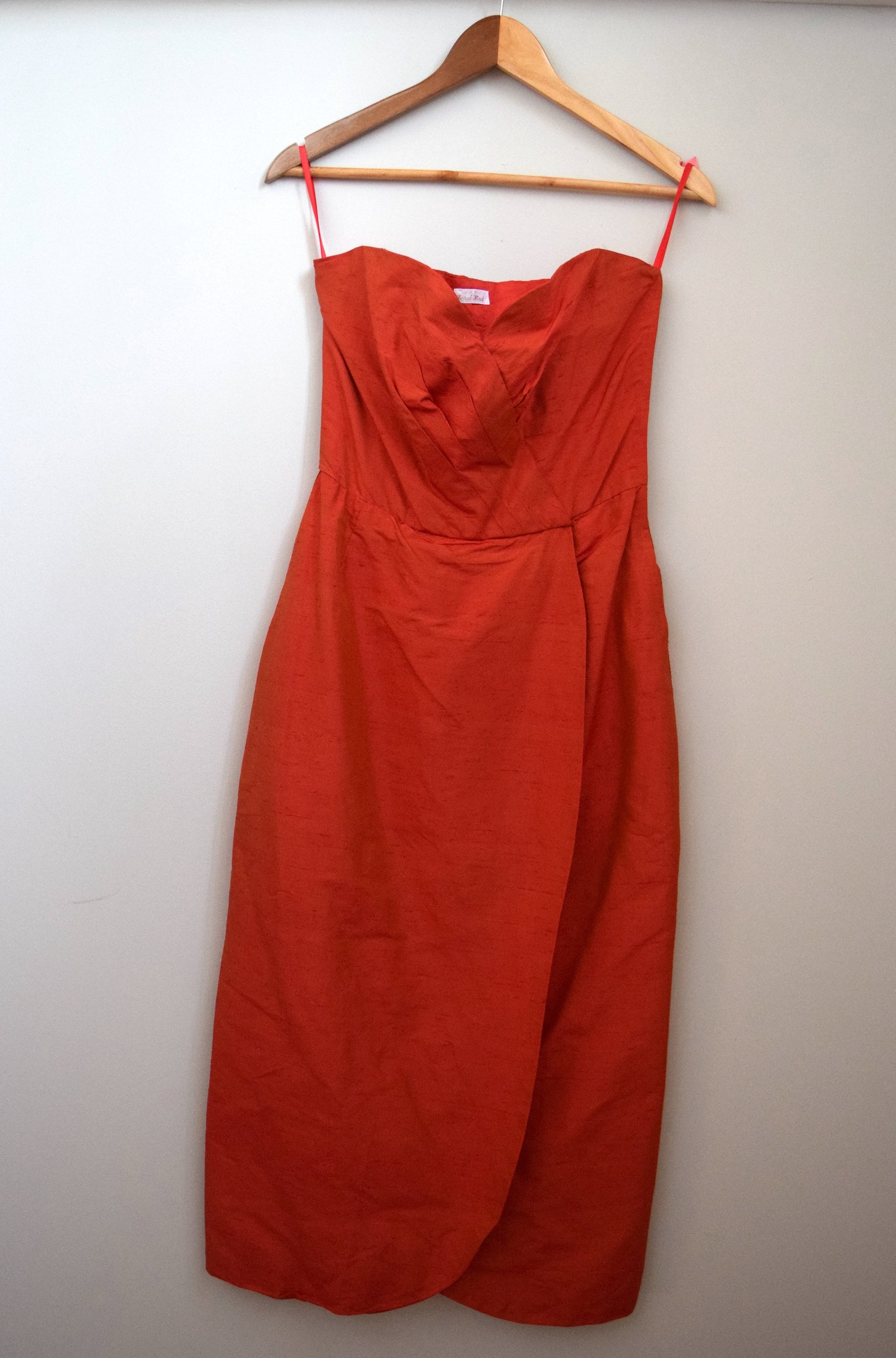 Raw Silk Red Evening Dress. 33 Chest. Strapless, Midi. Orange-red ...