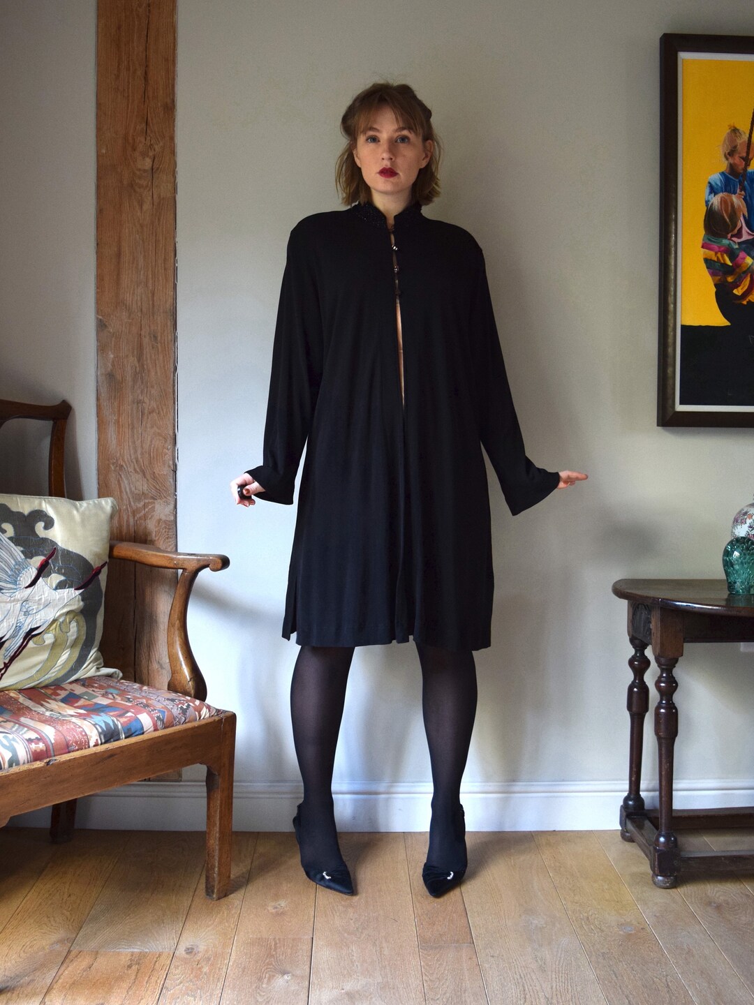 Jean Muir Black Sequin Collar Coat. Size 18. Batwing, Lightweight ...