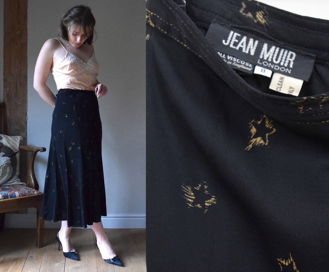 Jean Muir Star Print Midi Skirt. Size 8 / 25" Waist. Black, God ...