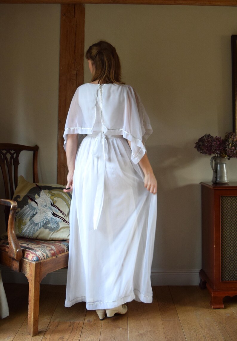 70s Jean Varon White Cape Dress. 27" Waist. Maxi, Silver Embroidery ...