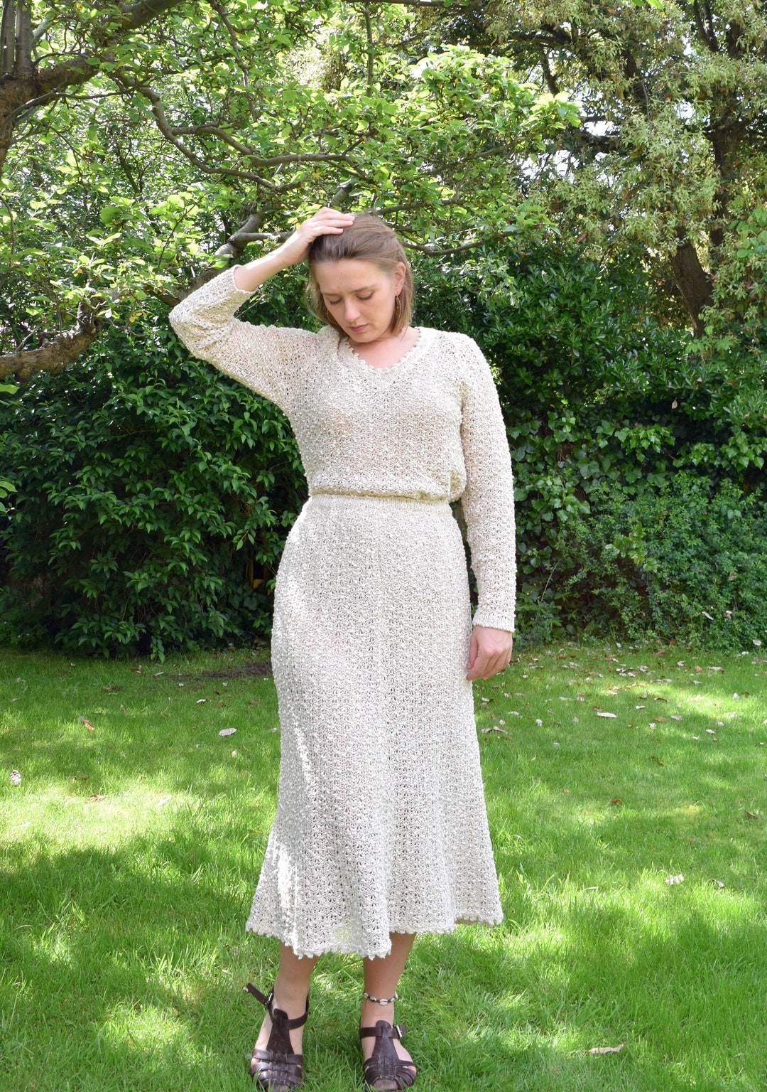 Pallas Hand Loomed Linen Skirt and Blouse Set. Size Large. White, Cream ...