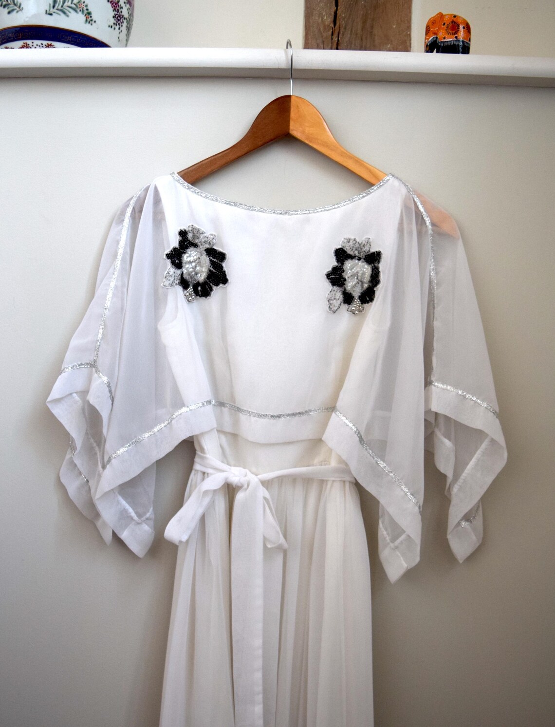 70s Jean Varon White Cape Dress. 27" Waist. Maxi, Silver Embroidery ...