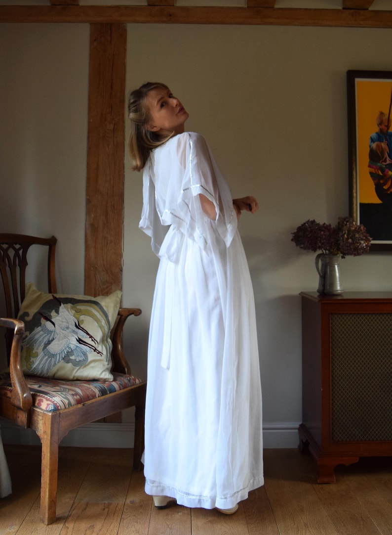 70s Jean Varon White Cape Dress. 27" Waist. Maxi, Silver Embroidery ...