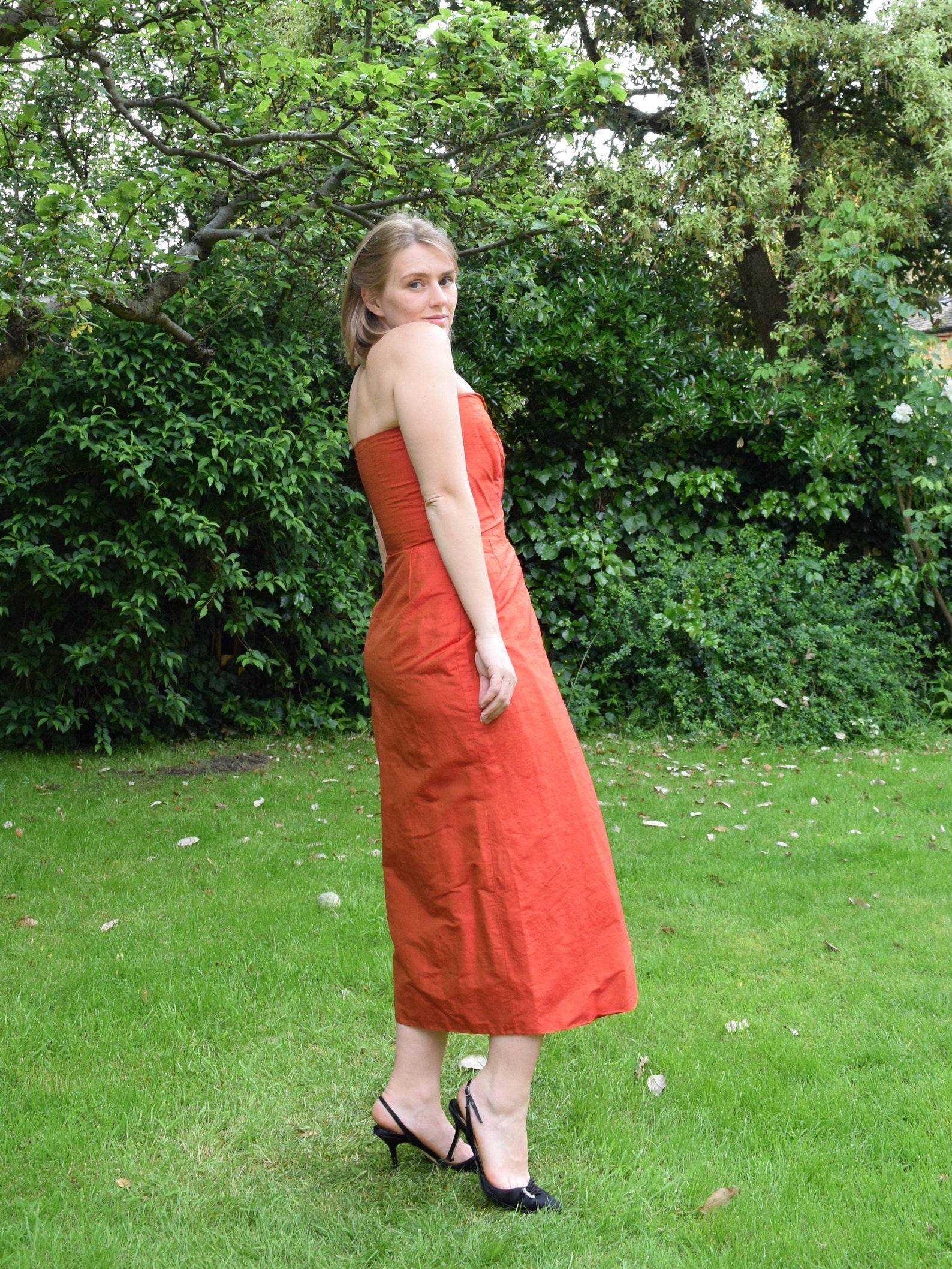 Raw Silk Red Evening Dress. 33 Chest. Strapless, Midi. Orange-red ...