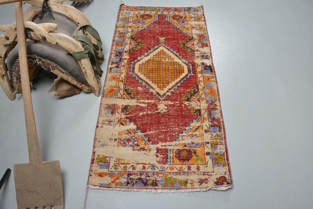 Vintage Turkish Door Mat, Red Geometric Patterns, Colorful Handmade Rug ...