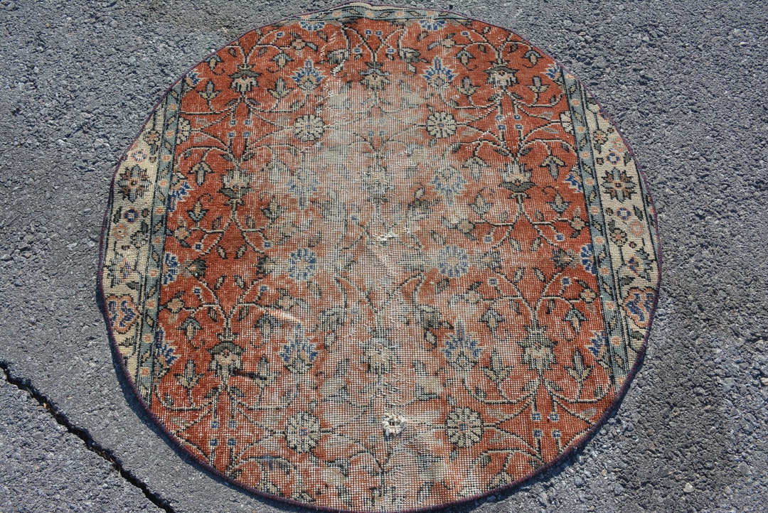 Round Rug, Turkish Rug, 3.6x3.6 Ft, Small Rug, Oriental Rug, Circle Rug ...