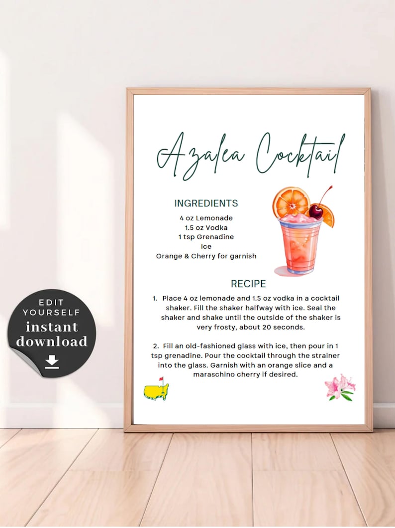 Azalea Cocktail Recipe Print: Masters Week Party Decor (digital ...