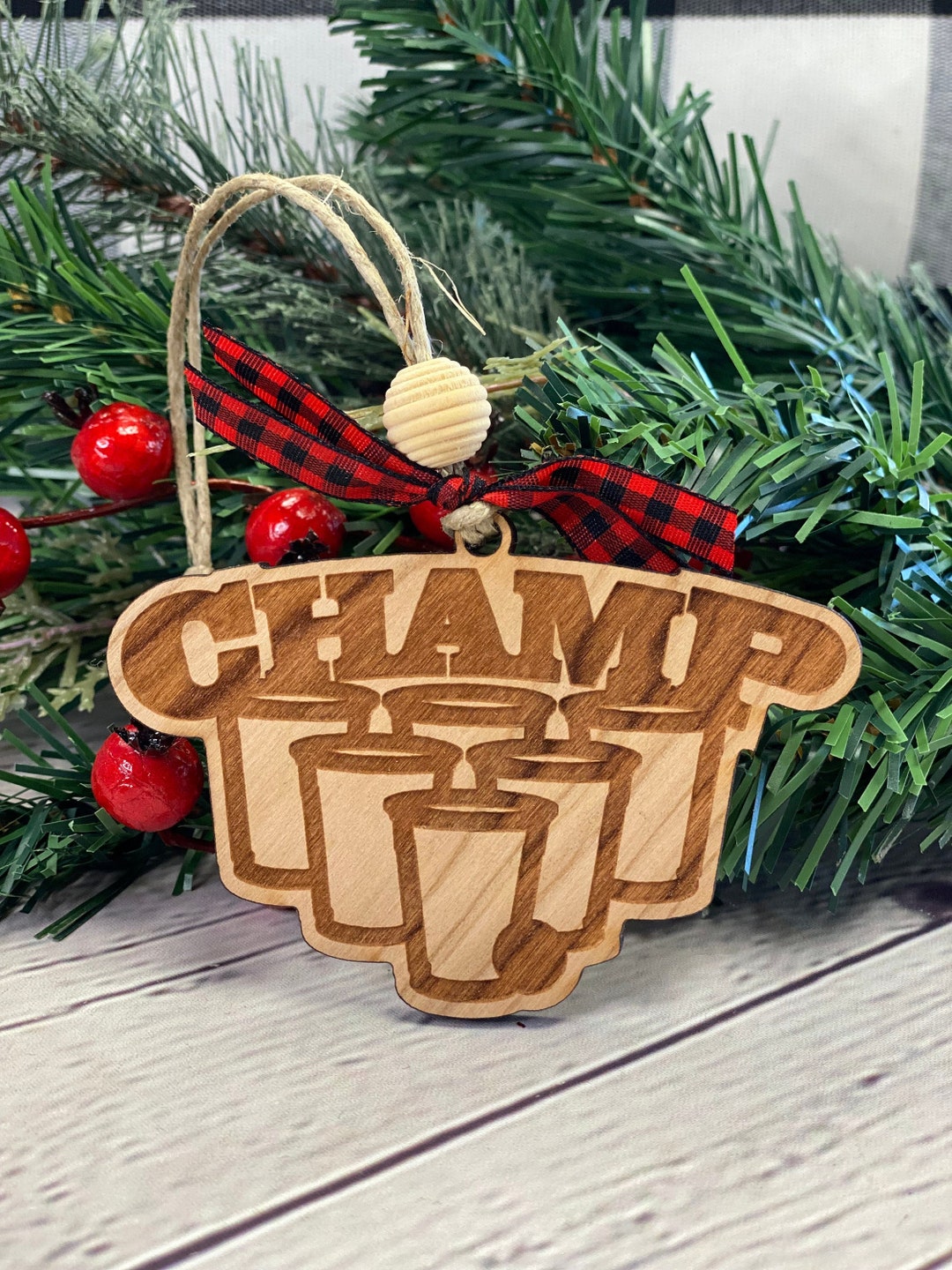 Beer Pong Champ Ornament, Engraved Wooden Ornament, Beer Pong Trophy ...