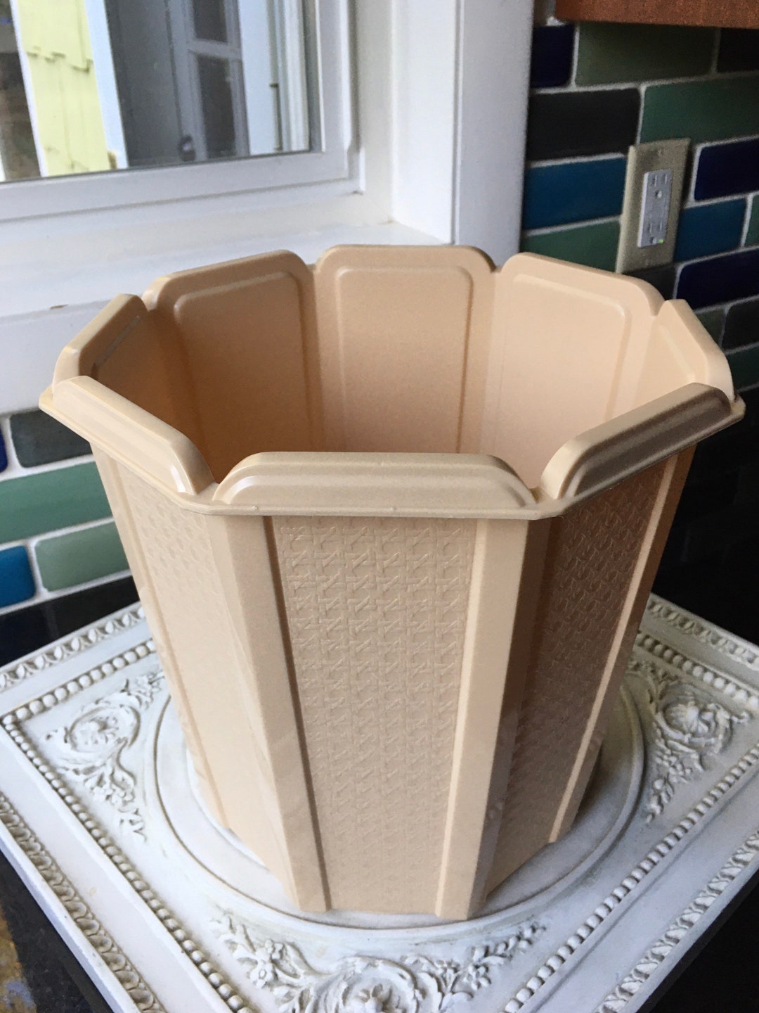 Vintage Trash Can Rubbermaid Octagon Trash Bin Embossed Rattan Cane ...