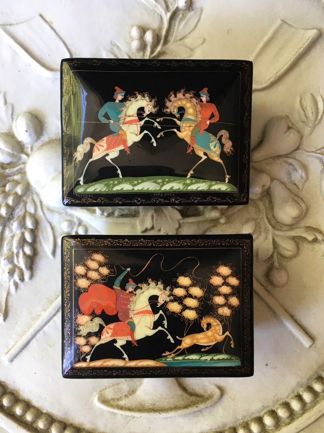 2 Vintage Russian Lacquer Boxes Hand Painted Signed Hinged Trinket Box ...