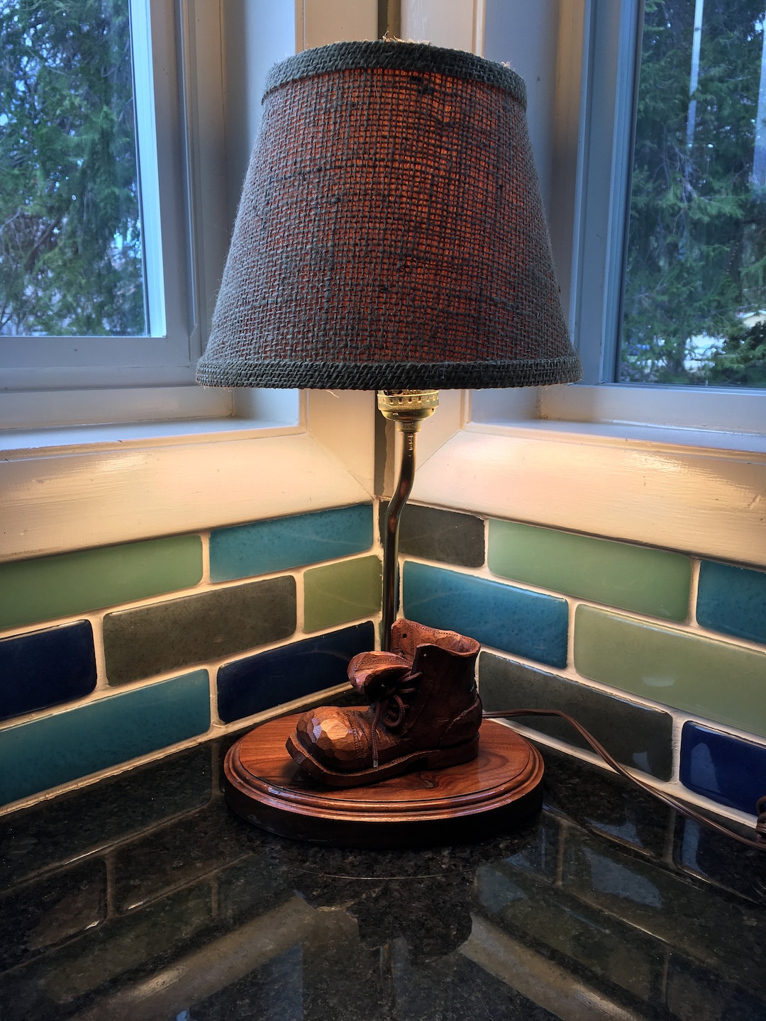 Vintage Carved Wood Shoe Folk Art Lamp Burlap Shade 50s 60s Excellent ...