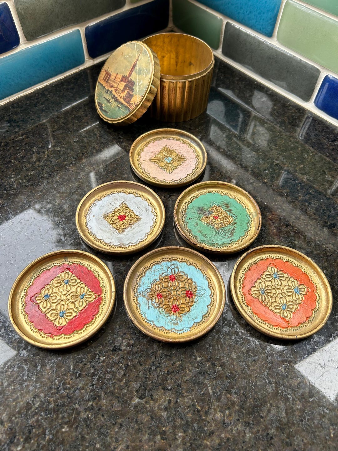 Vintage Set 6 OFM Florence Italian Coasters W/ Storage Box 1960’s ...