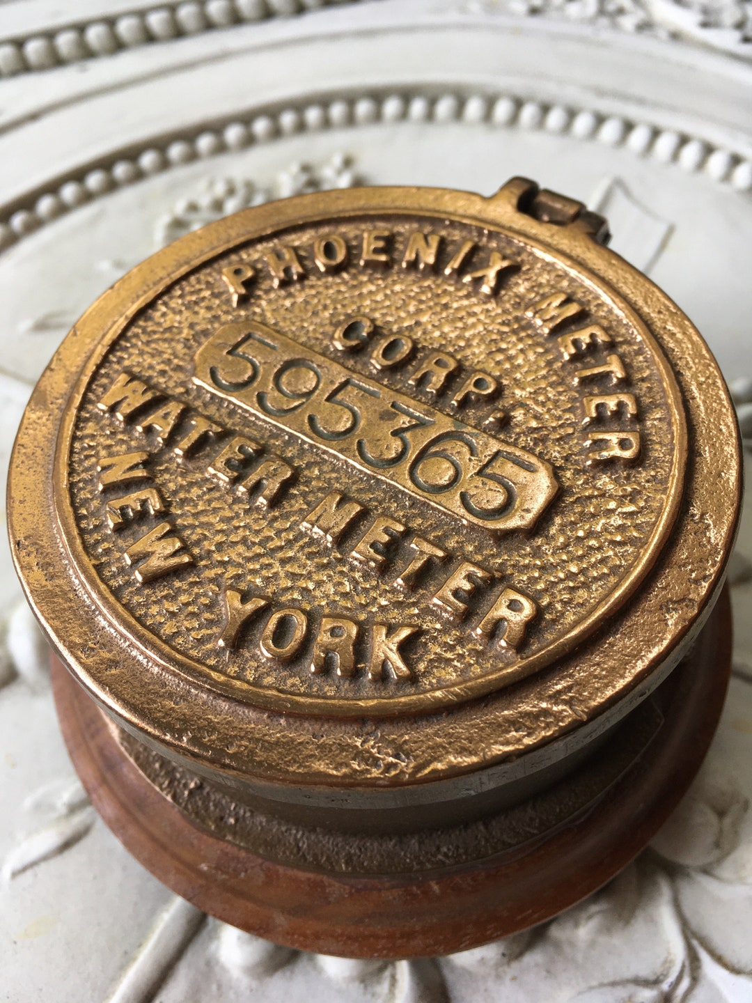 Vintage Brass Water Meter Trinket Box Phoenix Meter Corp Wood Base ...