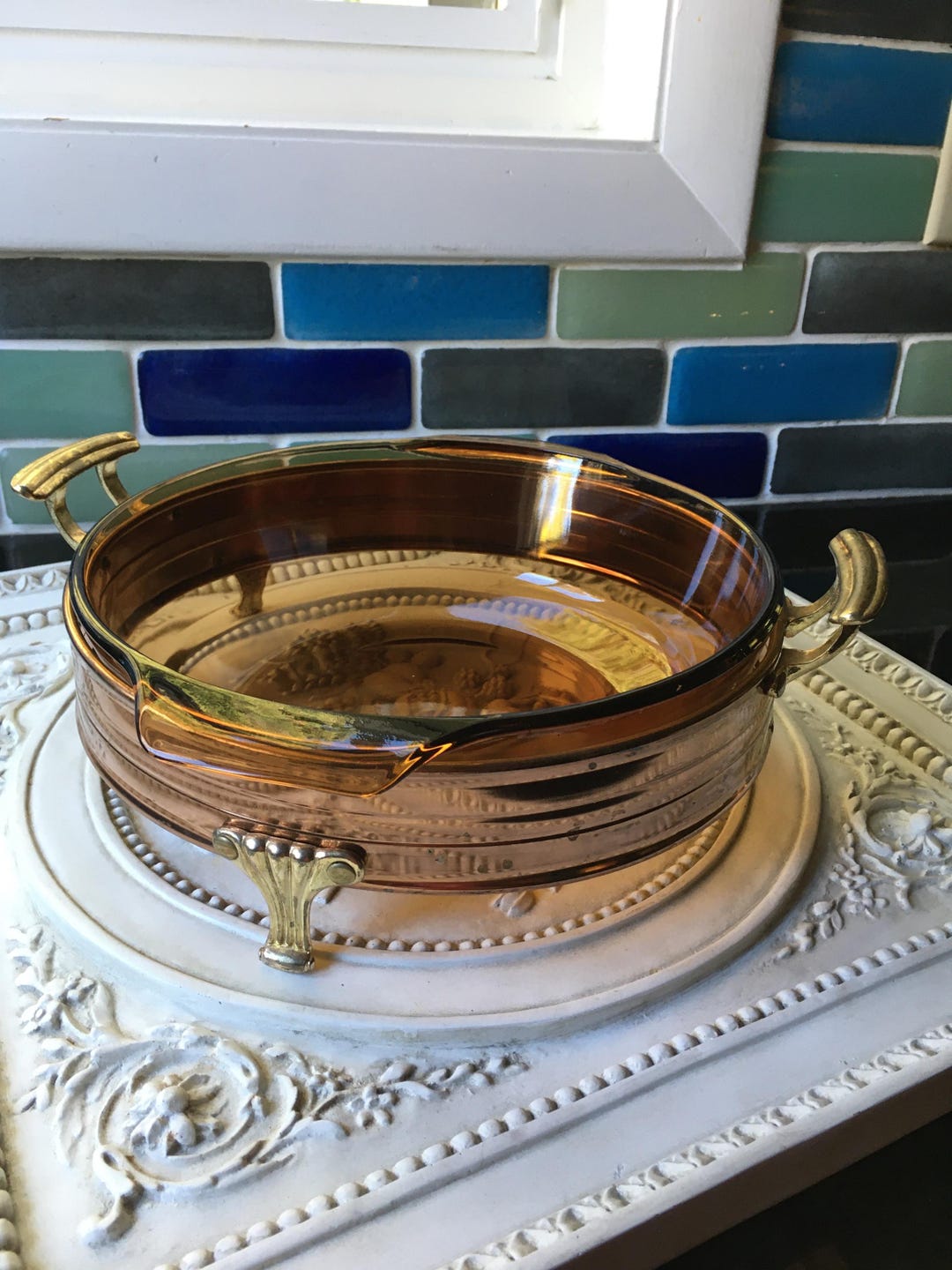 Vintage Metal Caddy Anchor Hocking Dish Brass Footed Bakeware Holder ...