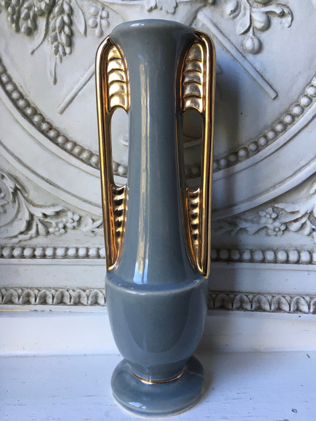 Vintage Shawnee Pottery Bud Vase #1178 Art Deco Gray Gold Handles 1940 ...