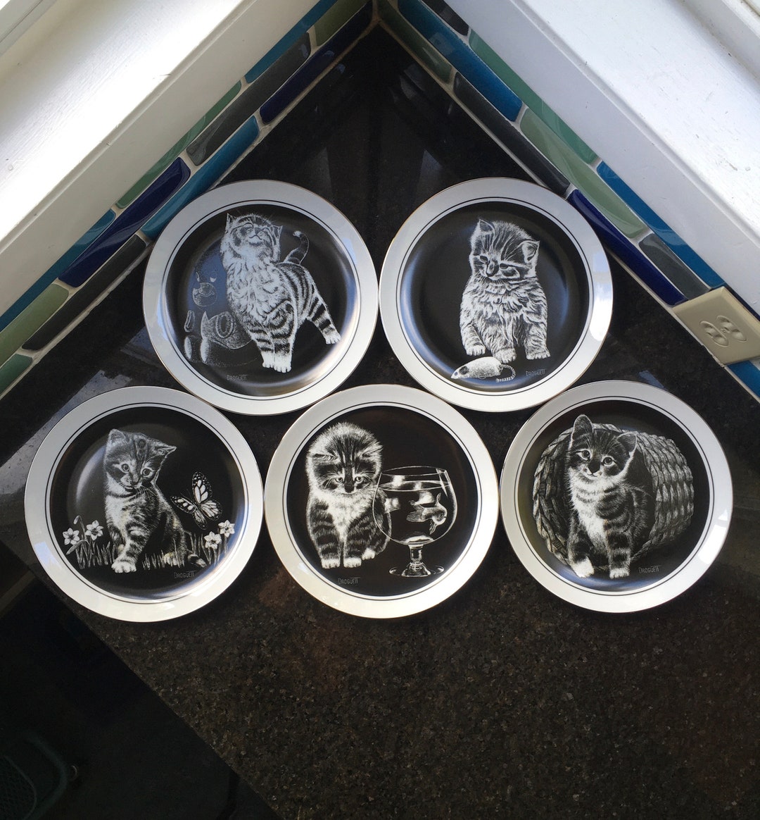 Vintage “kitten’s World” Plate Set 5 Royal Cornwall Cat Plates Droguett ...