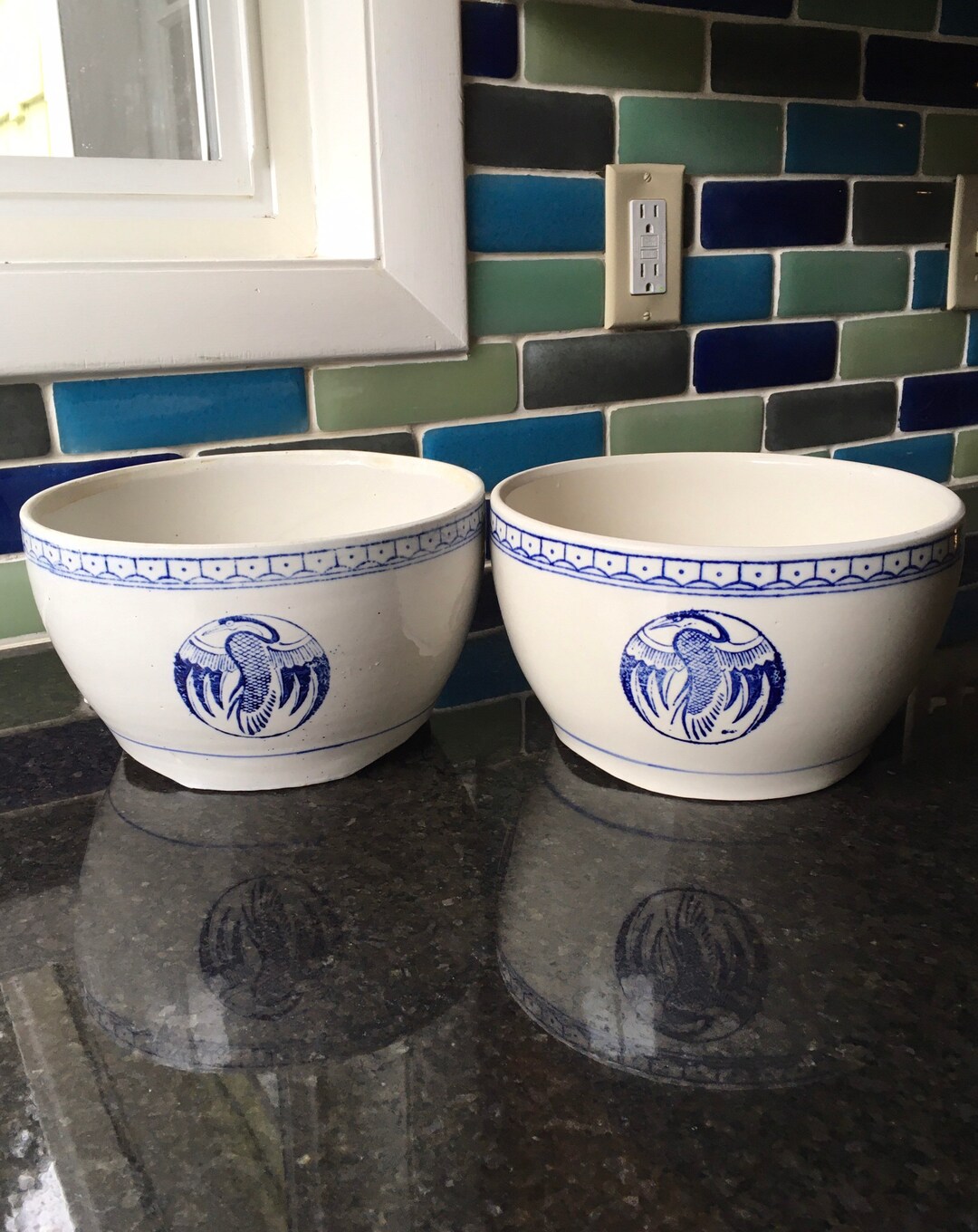 Vintage Asian Pottery Bowl Set of 2 Phoenix Stoneware Planters 1950s ...