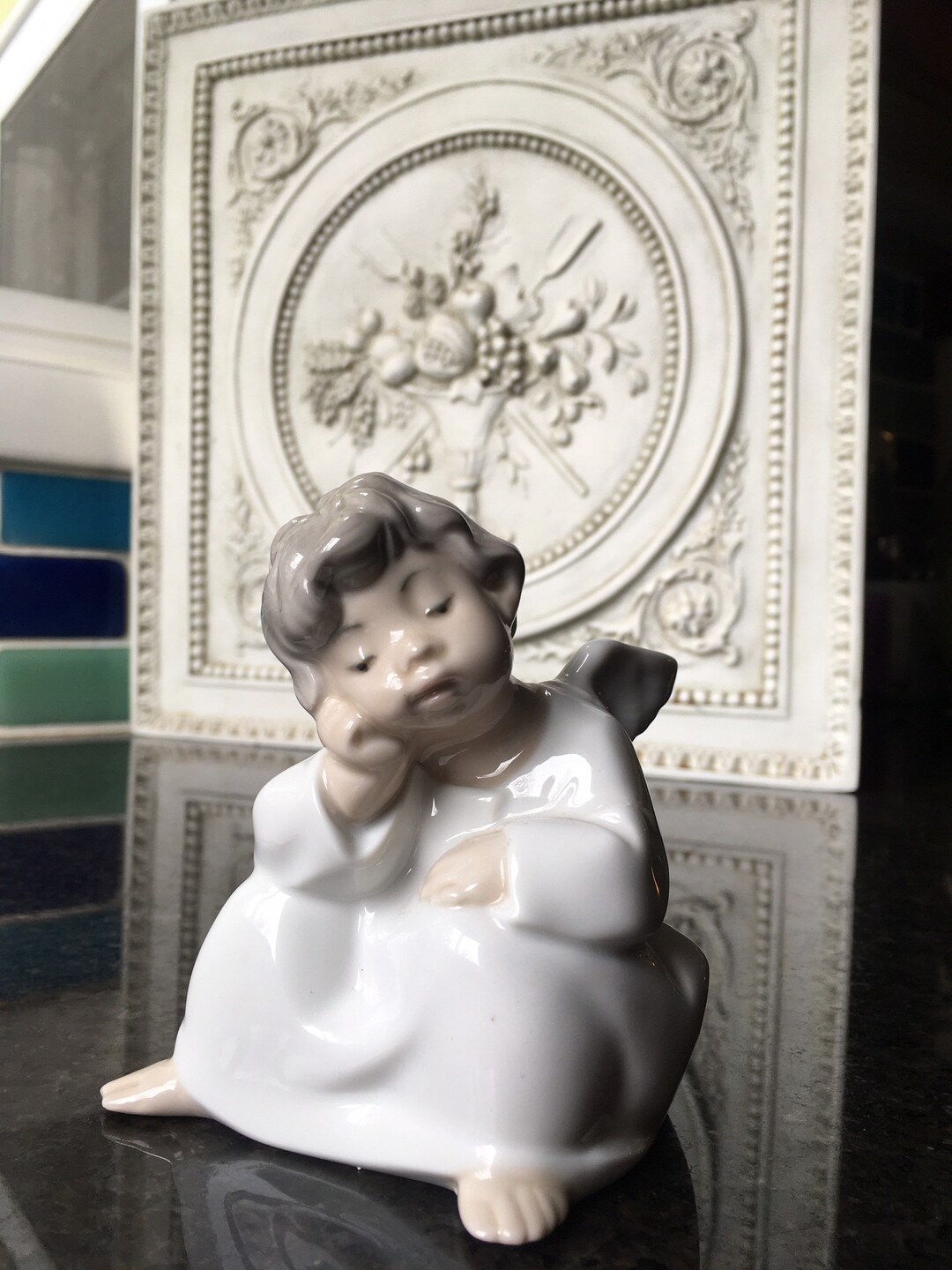 Vintage Lladro Little Angels in White angel Thinking Figurine Spain ...