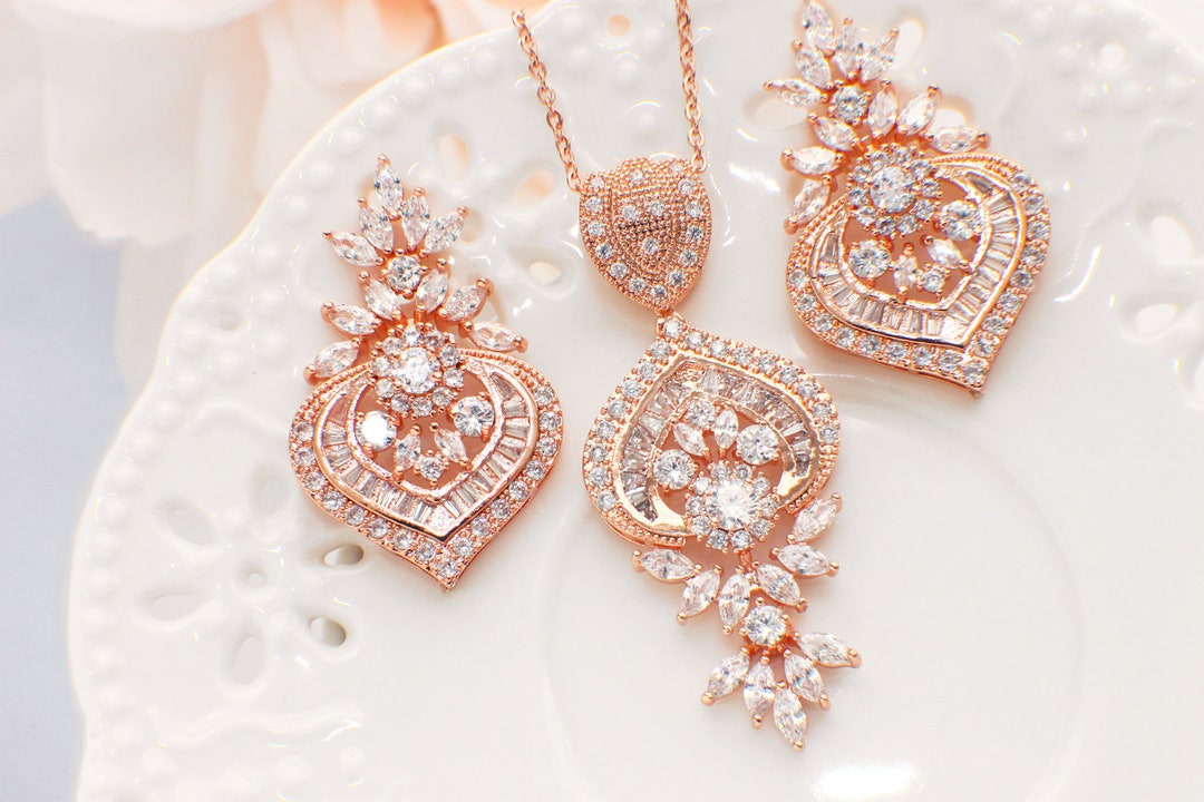 Rose Gold Necklace Set Wedding Accessories Bridesmaid - Etsy