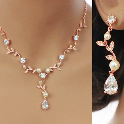 Rose Gold Necklace Set Bridal Necklace and Earring Set Wedding - Etsy