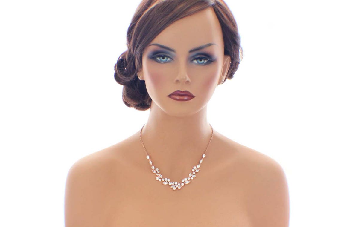 Rose Gold Crystal Bridal Necklace Crystal Bridal Jewelry Etsy