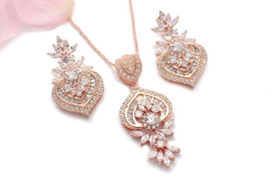 Rose gold necklace set wedding accessories bridesmaid | Etsy