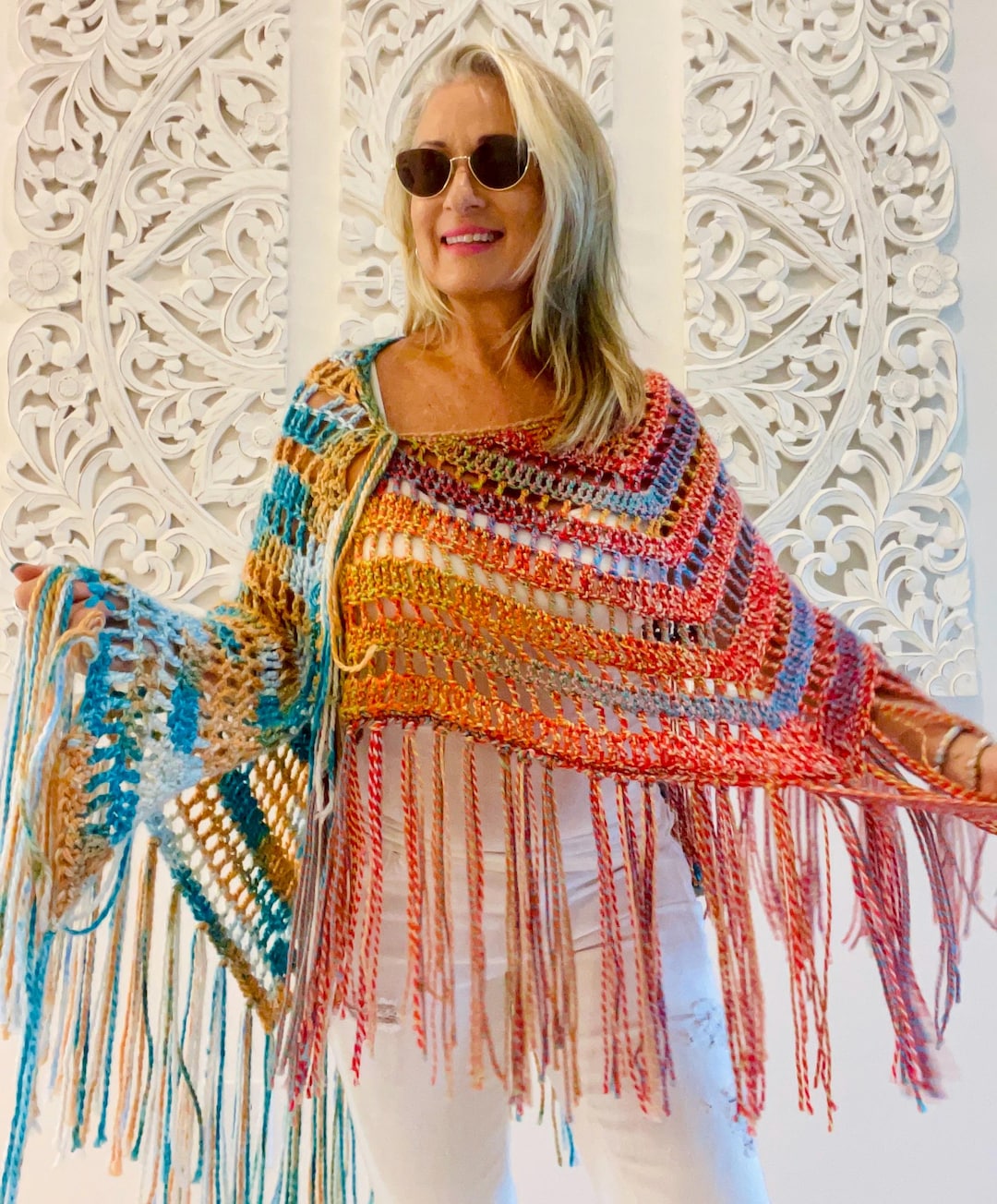 Bohemian Fringe Poncho, Bohemian Poncho, Boho Poncho, Colorful Top ...
