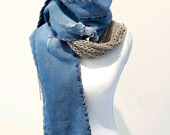 Upcycled Denim Knit Scarf: Handmade Boho Fringe Wrap - Etsy