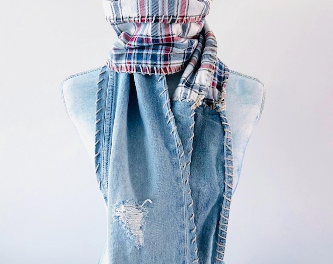 Upcycled Denim Flannel Scarf: Handstitched Patchwork Fringe Scarf - Etsy