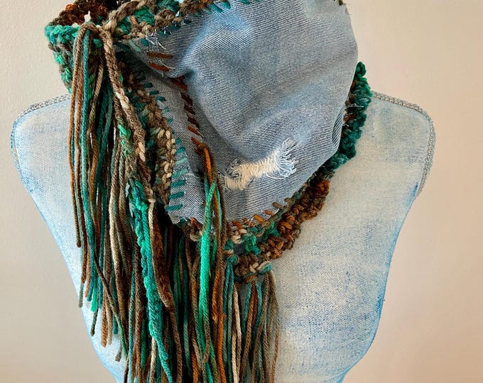 Upcycled Denim Scarf, Handmade Cowl, Infinity Scarf, Crochet Cowl ...