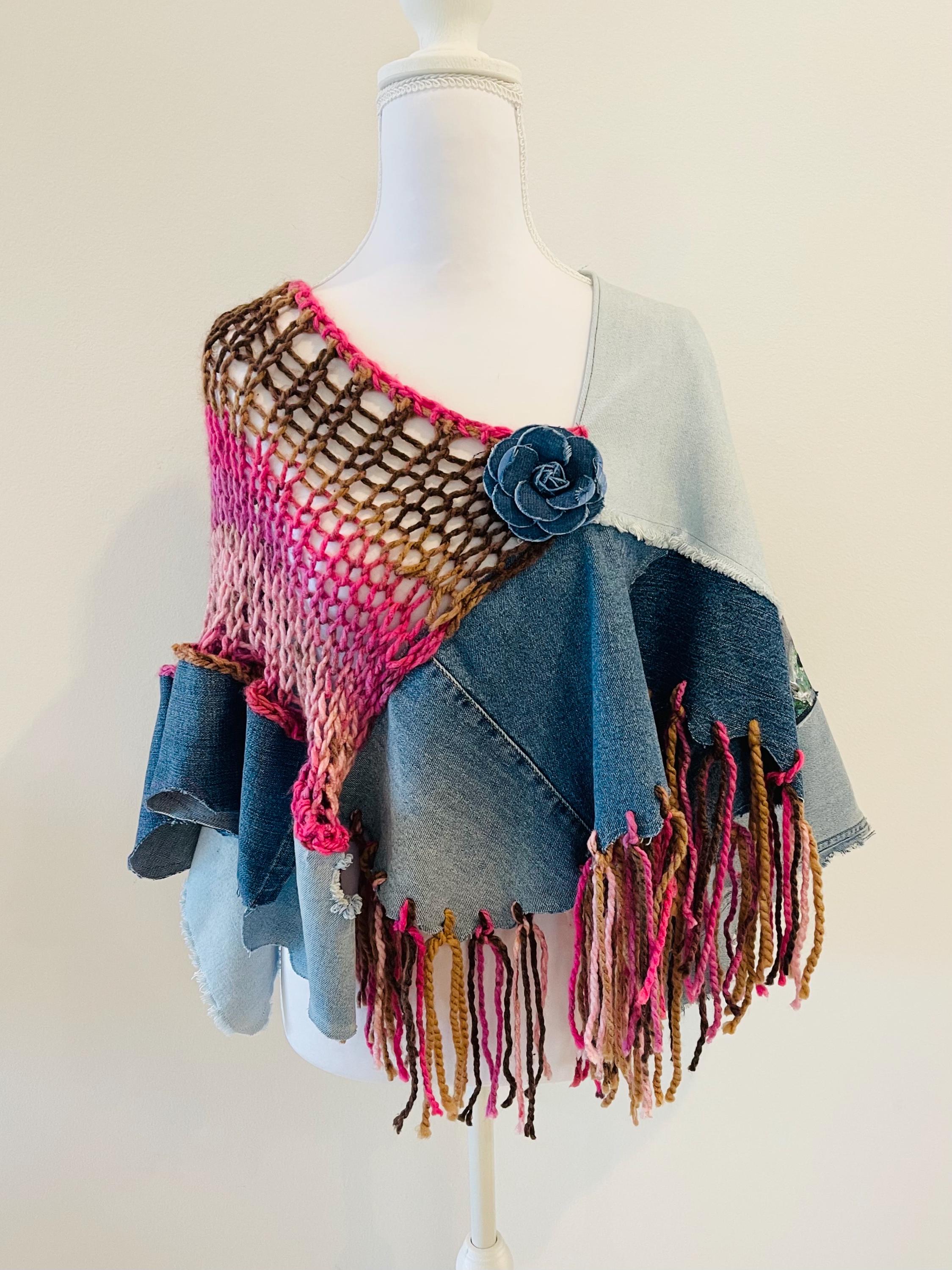 Handmade Boho Poncho - One of a Kind Upcycled Denim Knit Handmade Top ...
