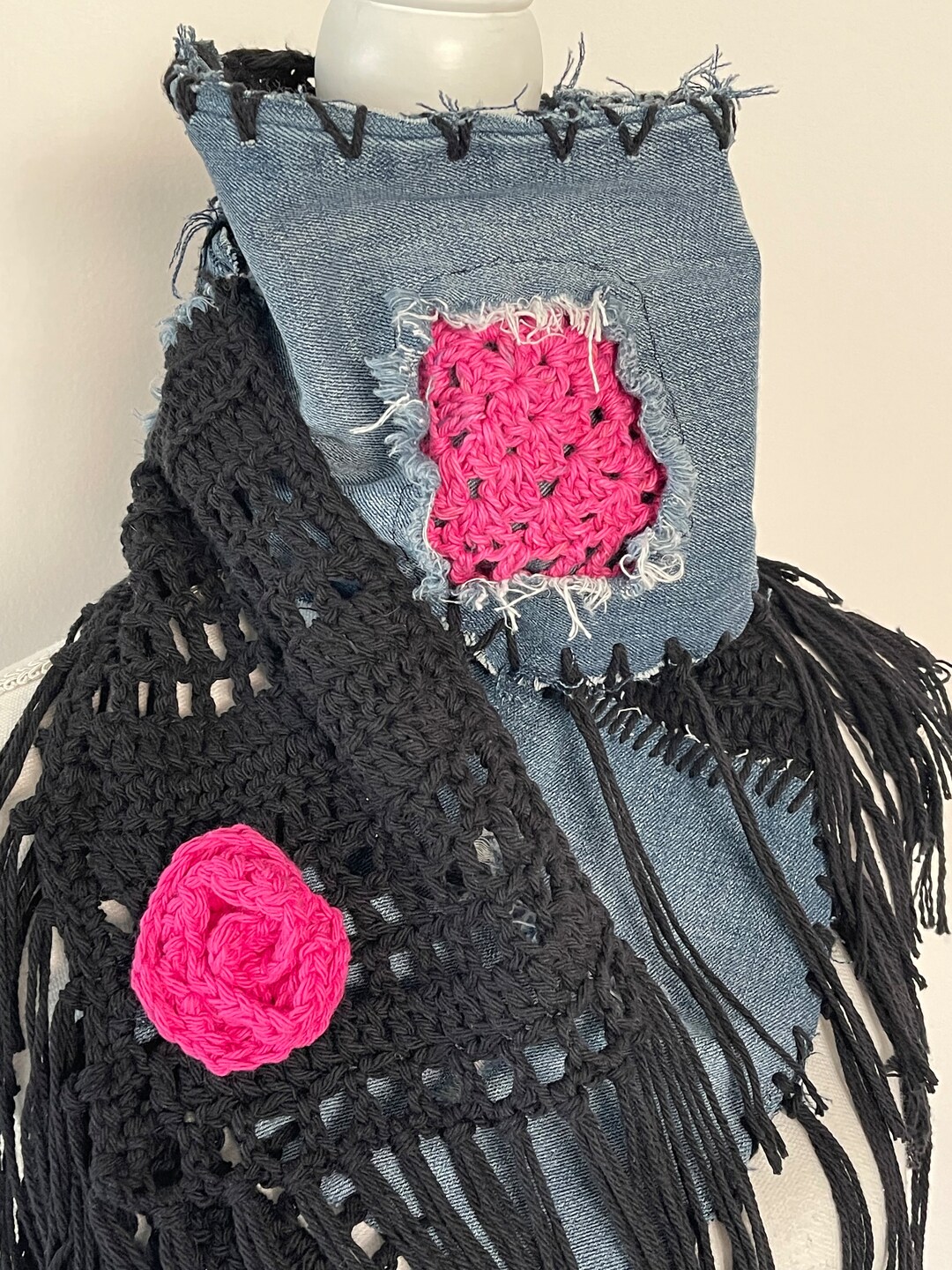 Upcycled Denim Scarf, Black Pink and Denim Scarf, Bohemian Handmade ...