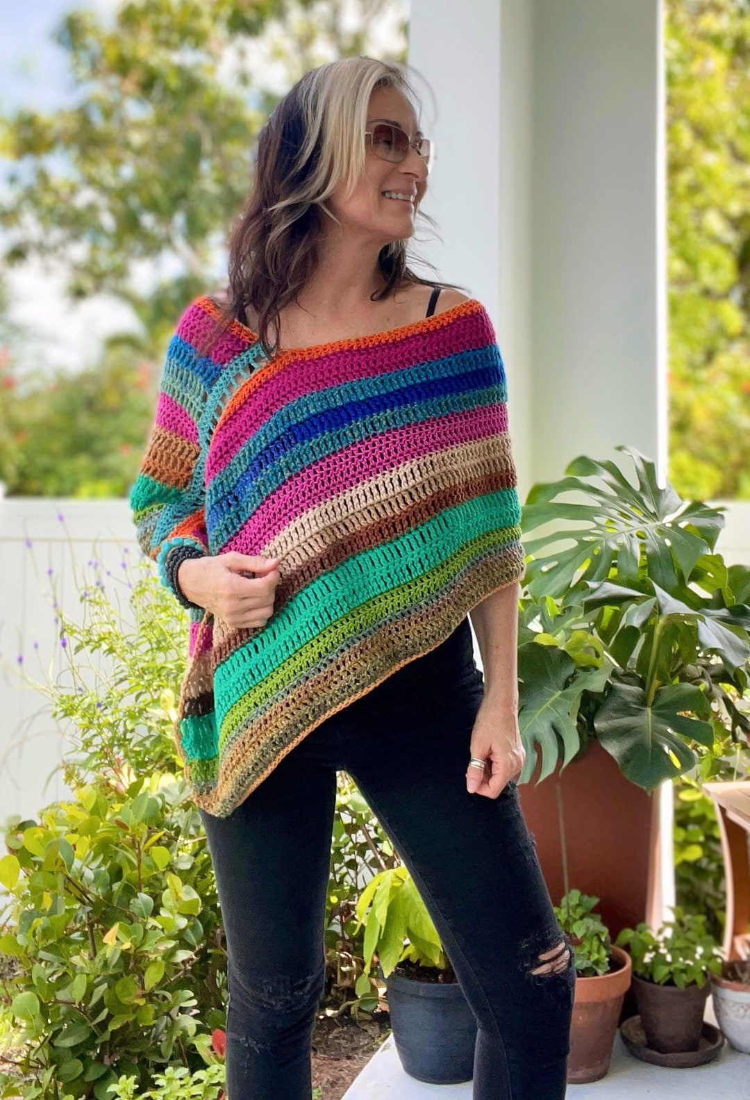 Retro Stripe Poncho Pattern, Crochet Poncho, Crochet Pattern, Boho ...