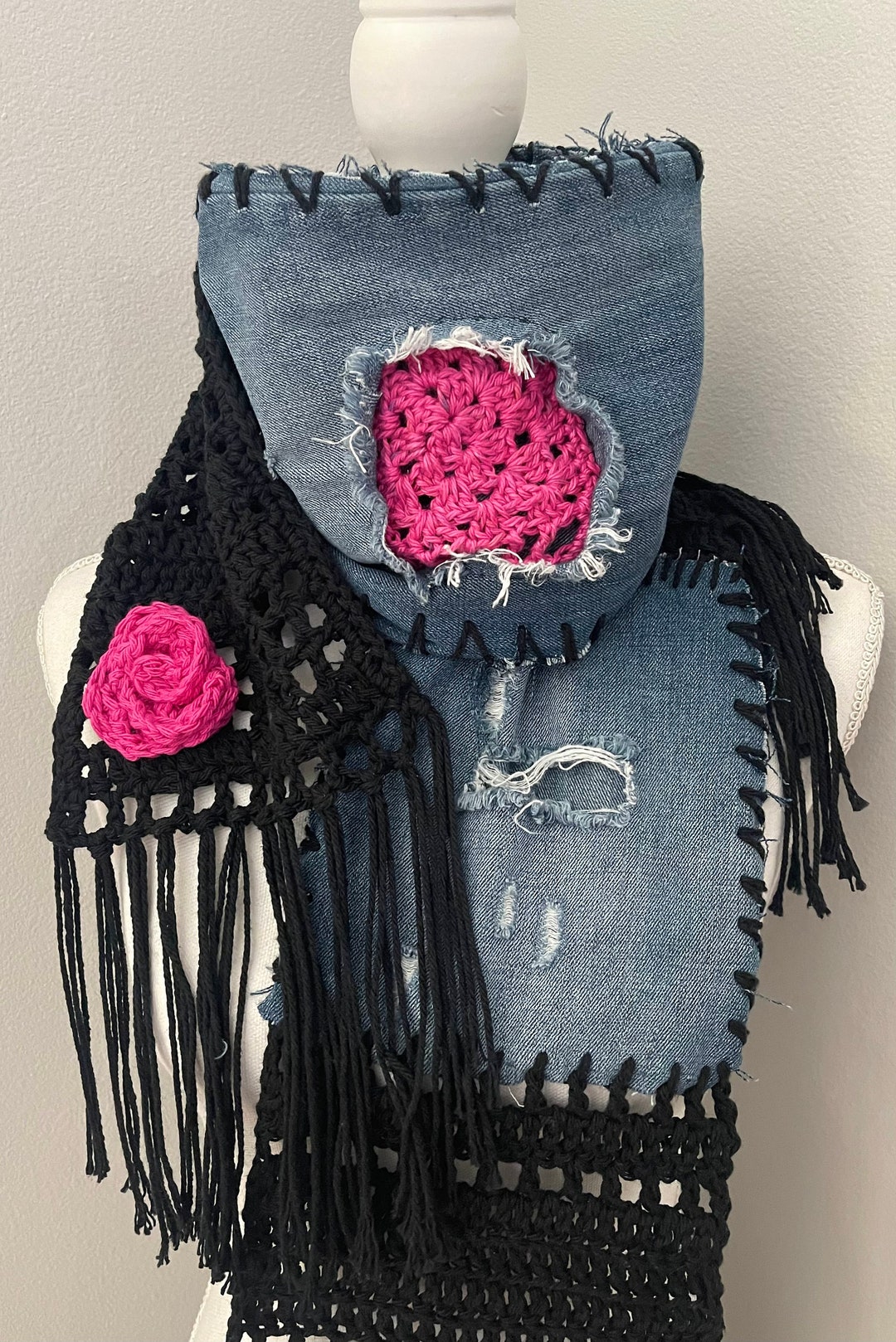 Upcycled Denim Scarf Black Pink and Denim Scarf Bohemian - Etsy