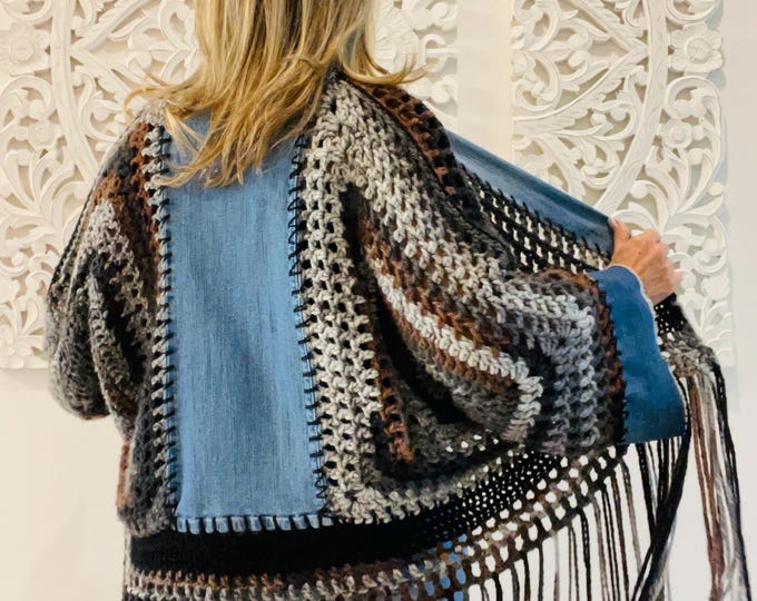 Denim Crochet Cardigan Jacket, Upcycled Cardigan, Hexagon Cardigan ...