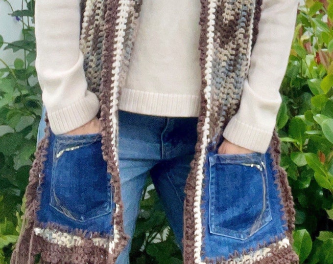 Pocket Scarf, Crochet Pocket Scarf, Boho Scarf, With Pockets, Upcycled ...