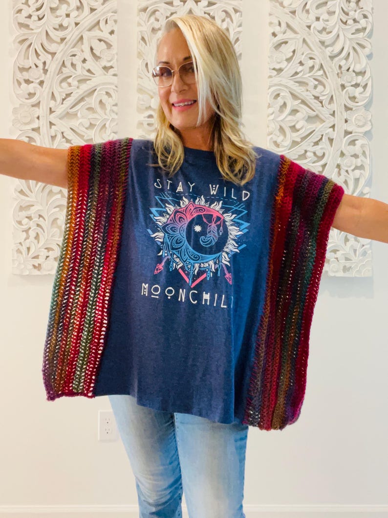 One-of-a-kind Upcycled Crochet T-shirt Poncho, Handmade Boho Chic ...