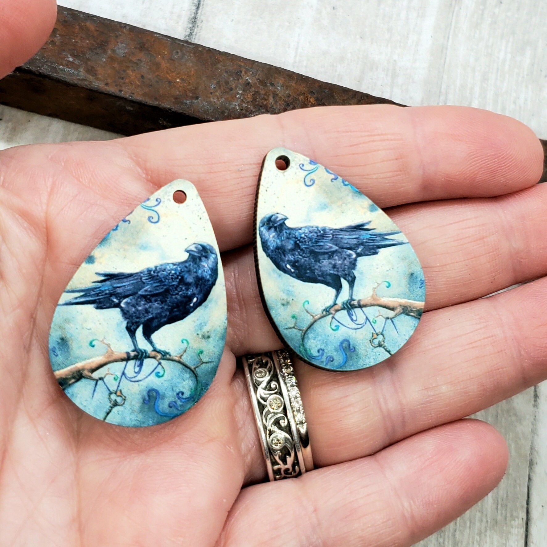 Lock and Key Raven/crow Watercolor, Sublimated Wood Xmas Earring ...